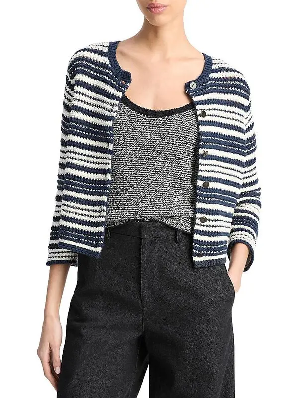 Vince Textured Stripe Cardigan - Navy/off White