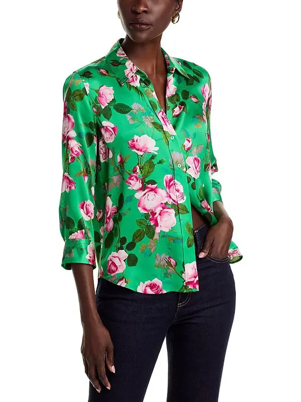 L'Agence Dani Silk Blouse - Green Multi Santa Fe