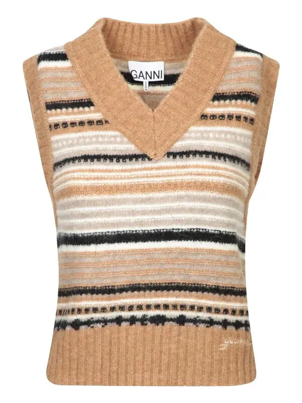 GANNI Striped Wool Blend Vest - Beige