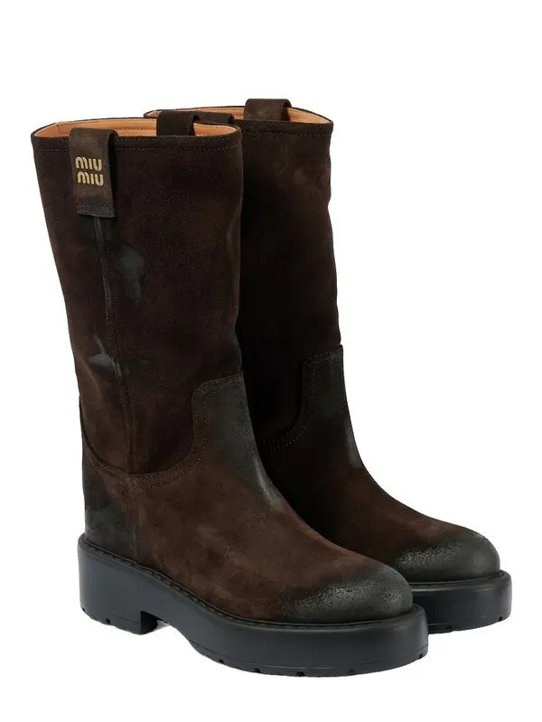 Miu Miu Logo Suede Ankle Boots - Brown