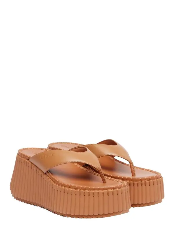 Chloé Nama 80 Leather Platform Thong Sandals - Beige