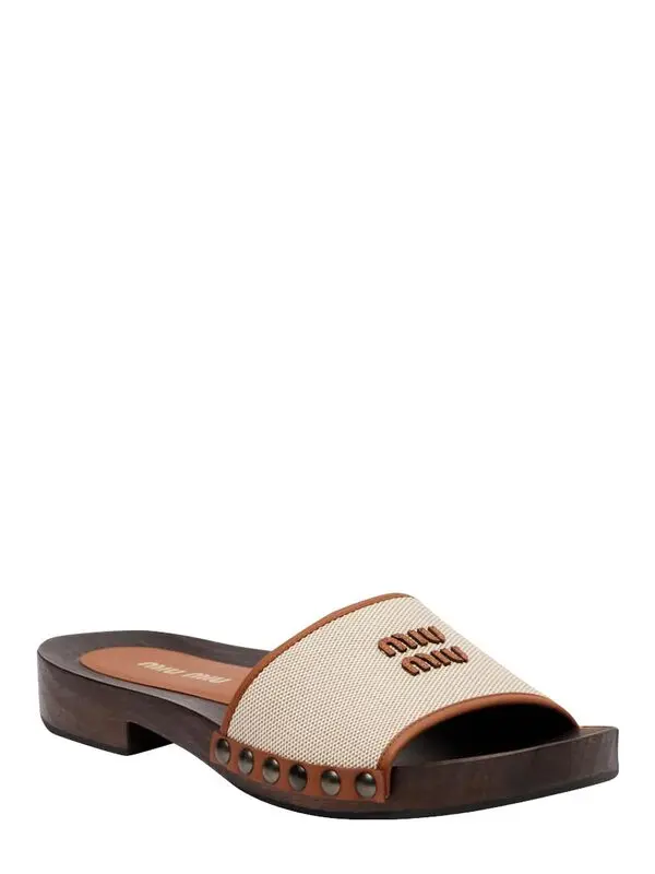 Miu Miu Logo Leather-trimmed Canvas Clogs - Beige