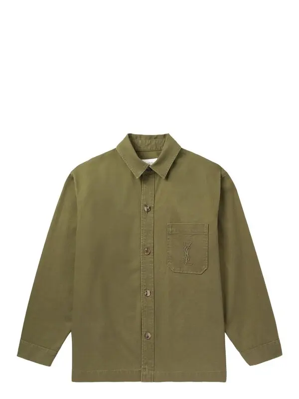 Saint Laurent Logo-embroidered Cotton And Linen-blend Gabardine Overshirt - Green