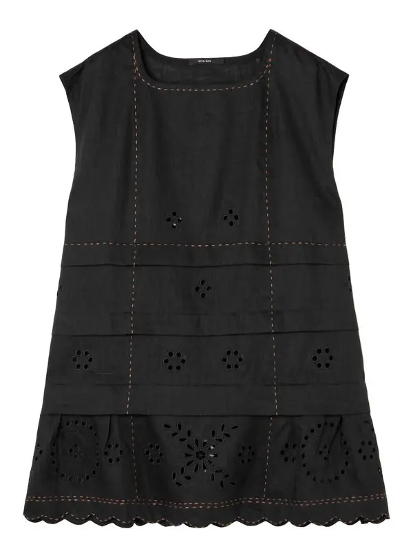 Vita Kin Gigi Topstitched Broderie Anglaise Linen Tank - Black