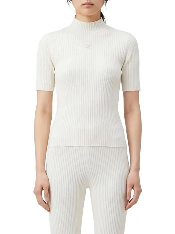 COURREGES Ribbed High Neck Short Sleeve Sweater - White