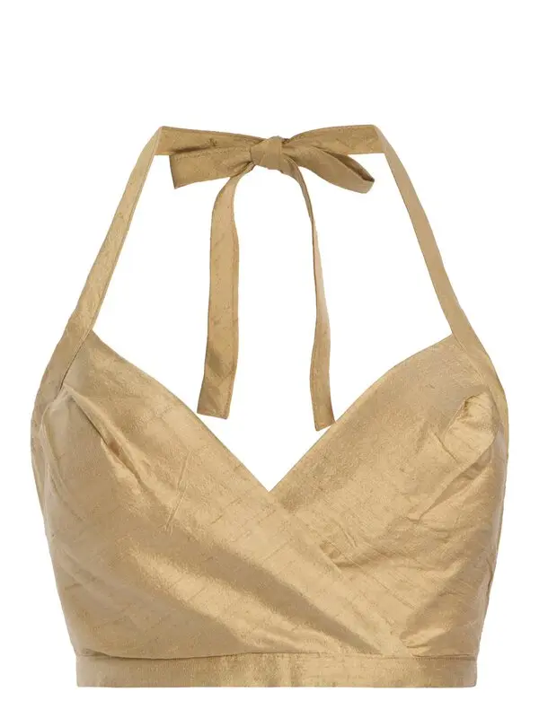 HOUSE OF AAMA Dupioni Silk Halter Crop Top - Tan