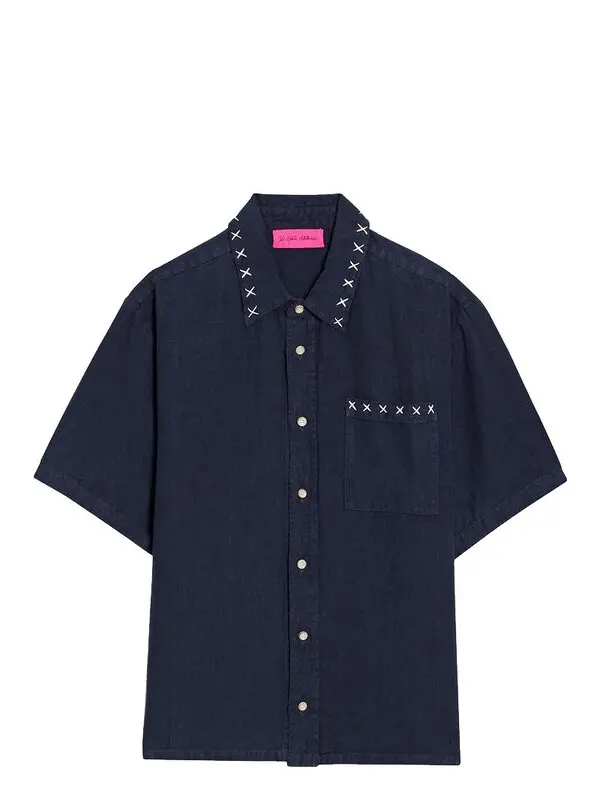 THE ELDER STATESMAN Sulfur Embroidered Linen Shirt - Navy