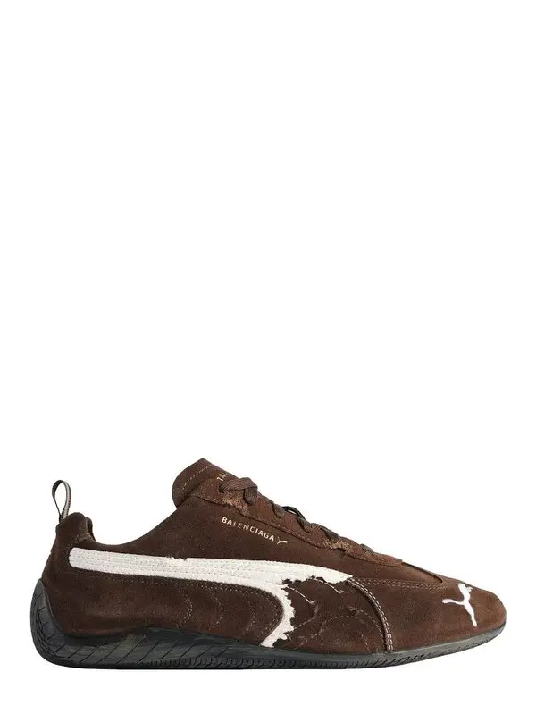 Balenciaga X Puma Speedcat Suede Distressed Sneakers - Brown/white/black