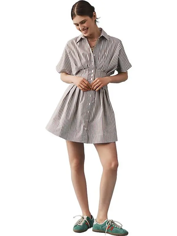 EXQUISE Striped Pleated Shirt Dress - Mocha Stripe
