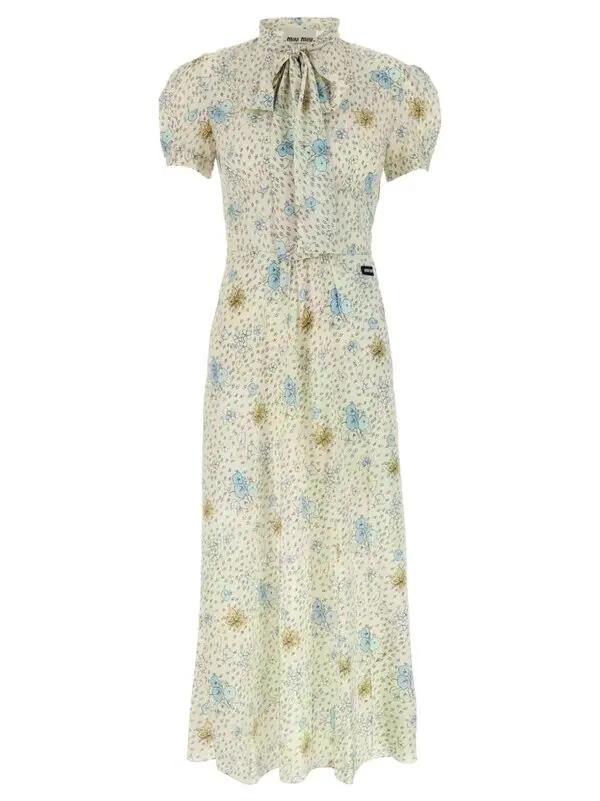 Miu Miu Long Crêpe De Chine Dress With Floral Print - Neutrals