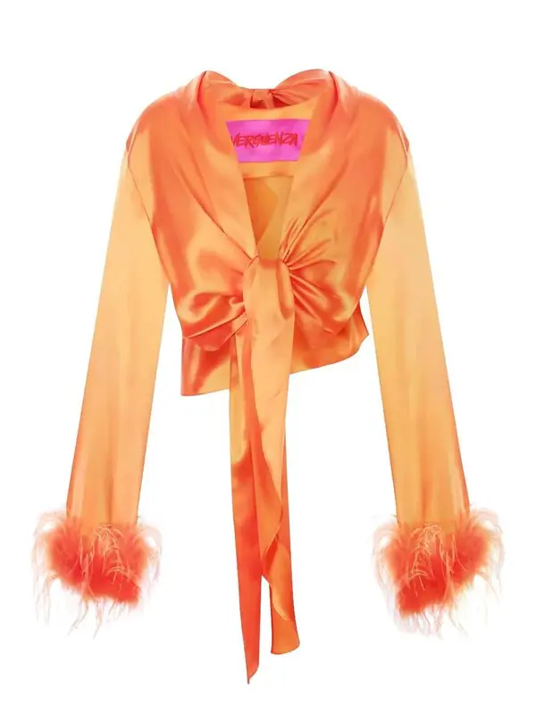 VERGUENZA Feather-trimmed Knotted Shirt - Orange