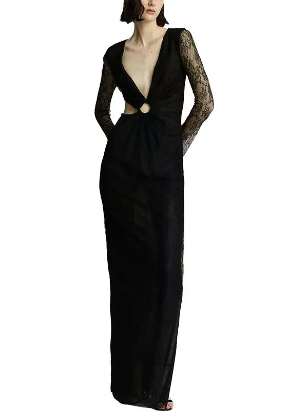 CELESTE Lace Paneled Maxi Evening Dress - Black