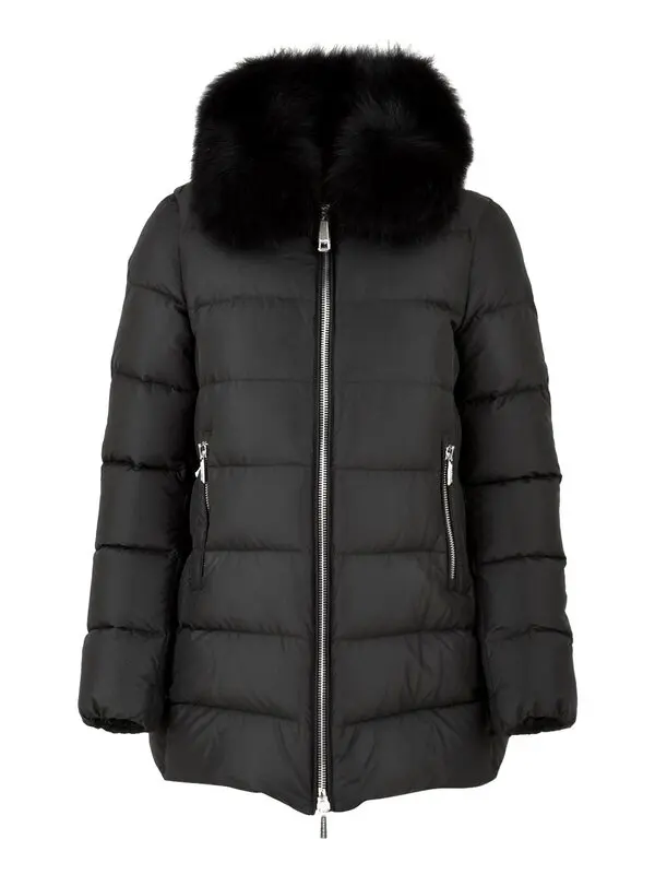 MOORER Quilted Coat With Fox Collar - Black