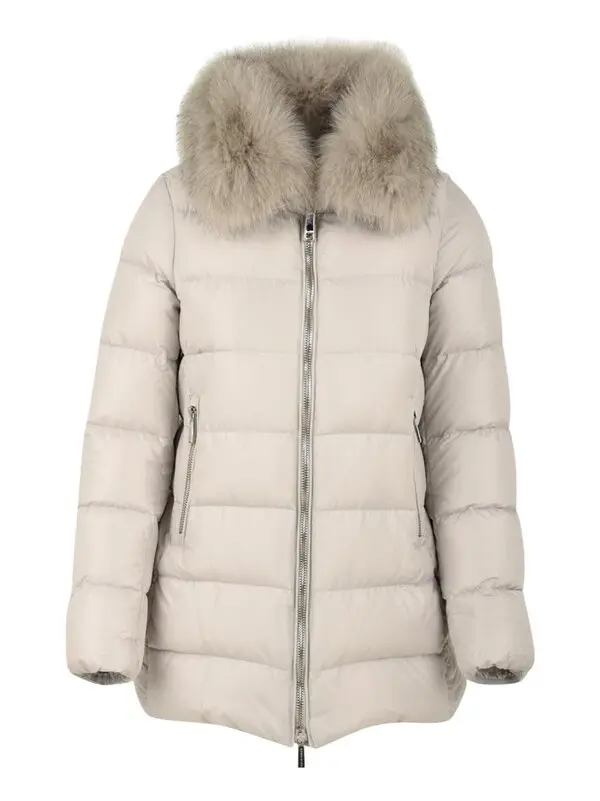 MOORER Quilted Coat With Fox Fur Collar - Ivory