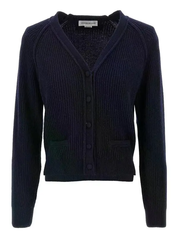 Victoria Beckham Ribbed Cardigan With Stepped-hem - Blue