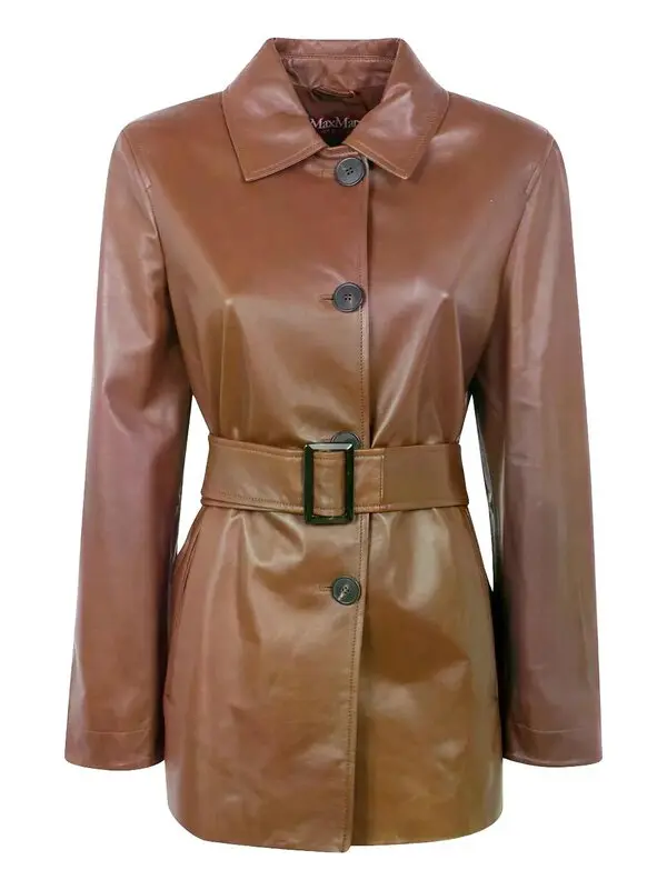 Max Mara Belted Single-breasted Leather Jacket - Brown