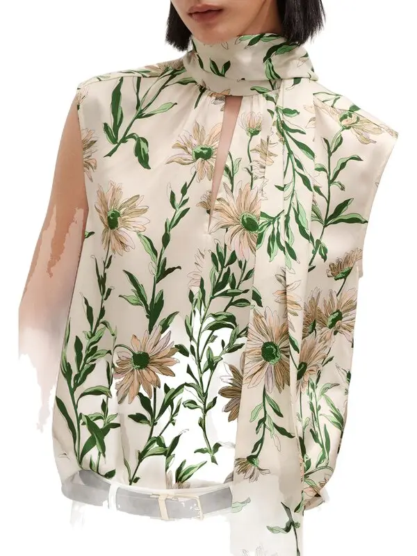 ME+EM Silk Satin Daisy Print Top - Light Cream/green/multi