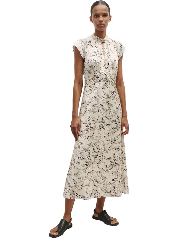 ME+EM Lily Of The Valley Print Midi Tea Dress - Light Cream/black/multi