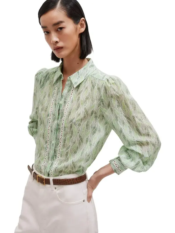 ME+EM Silk Cotton Climbing Feather Print Blouse - Light Cream/green/multi