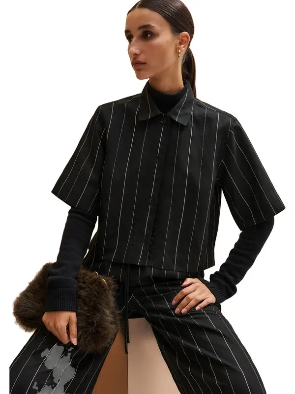 ME+EM Fluid Crop Pinstripe Shirt - Black/stone