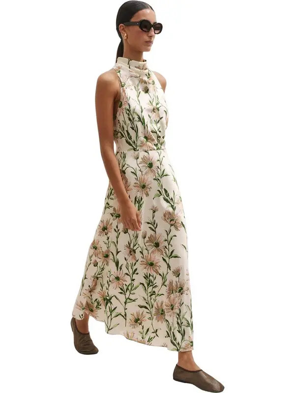 ME+EM Silk Growing Daisy Print Halterneck Maxi Dress - Light Cream/green/multi