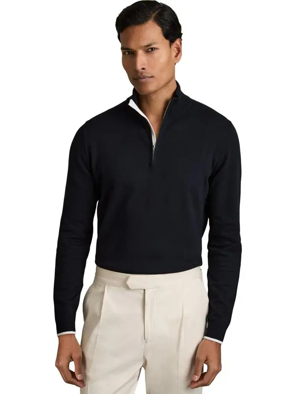 REISS Cotton-blend Half-zip Jumper - Navy