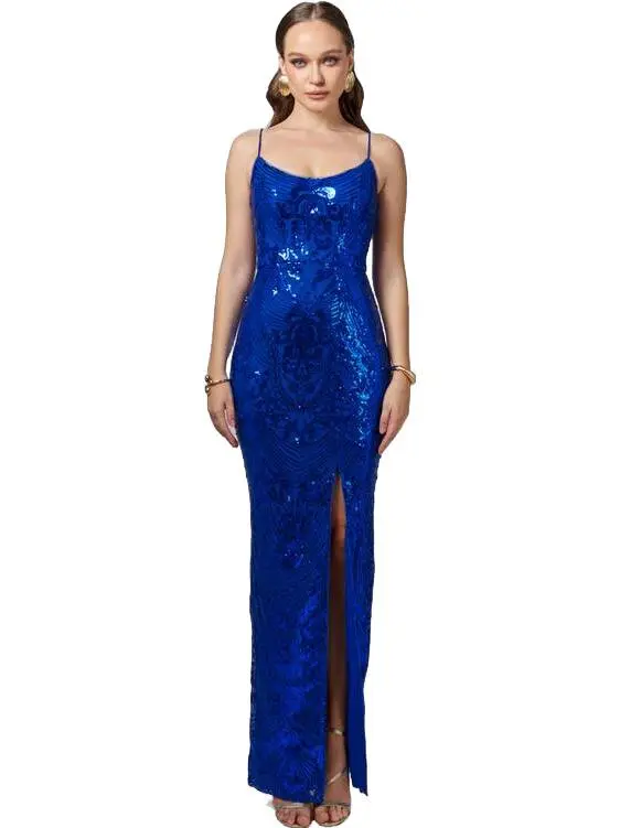 BARIANO Sera Strappy Back Sequin Gown - Cobalt