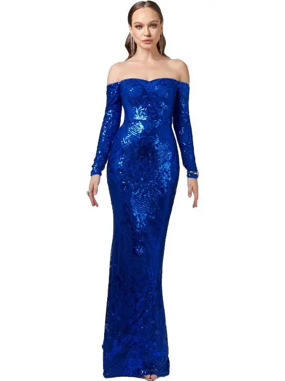BARIANO Zoya Long Sleeve Sequin Gown - Cobalt
