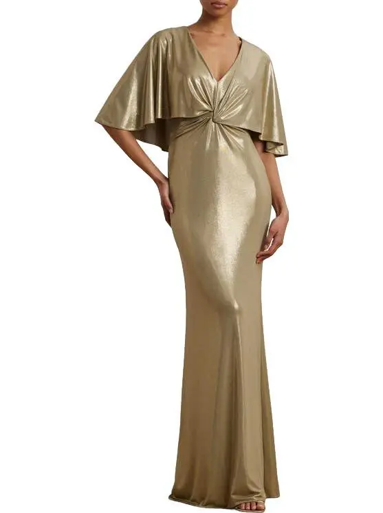 Ralph Lauren Metallic Cape Overlay Jersey Column Gown - Medium Pewter/ Gold Foil