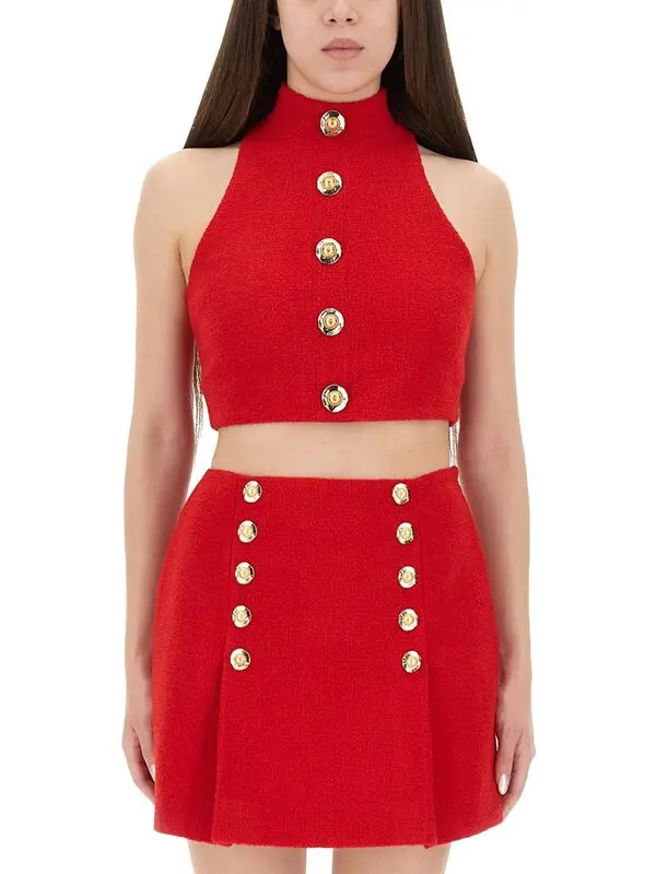 Balmain Slim Fit Wool Crop Top - Red