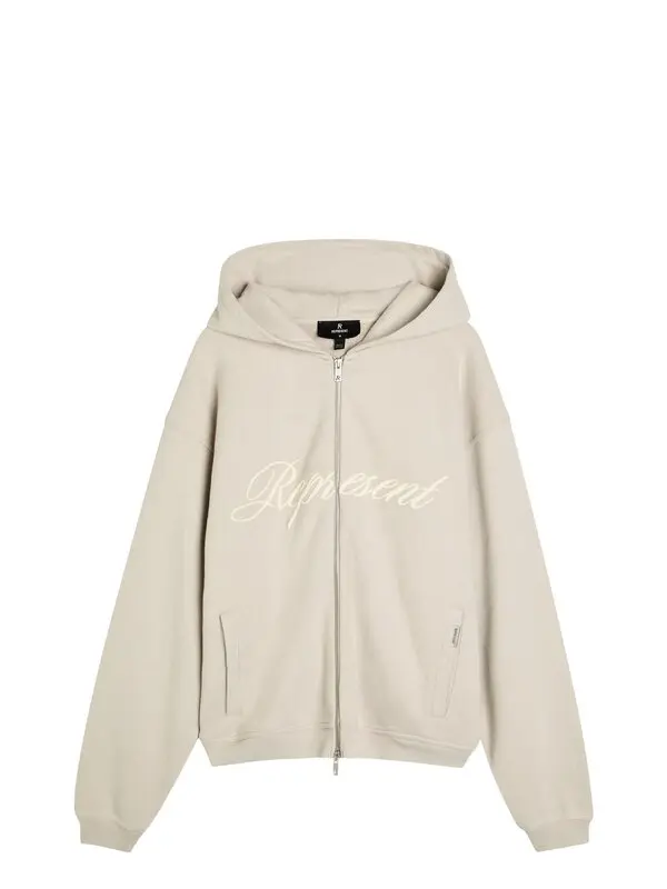 REPRESENT Script Logo Zip Hooded Cotton Sweatshirt - Grey