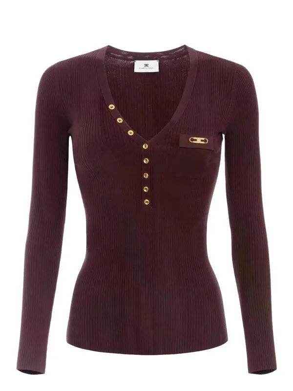 Elisabetta Franchi Ribbed Button Top - Brown