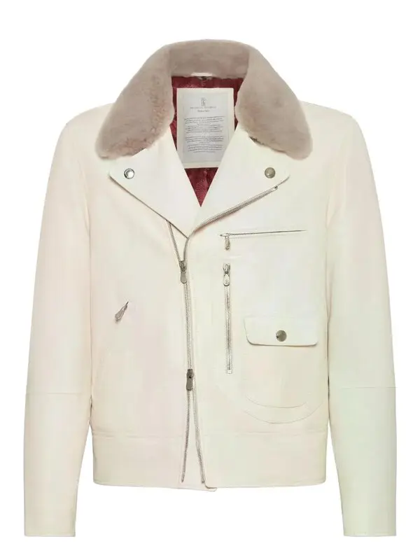 Brunello Cucinelli Leather Jacket With Fur Collar - Neutrals