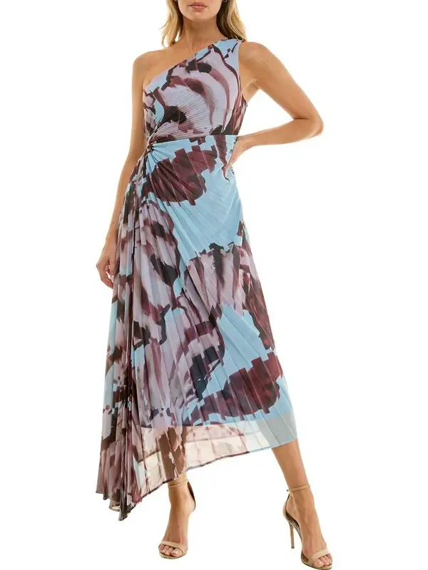 SOCIALITE Floral Metallic Stripe One-shoulder Pleated Dress - Blue/brown