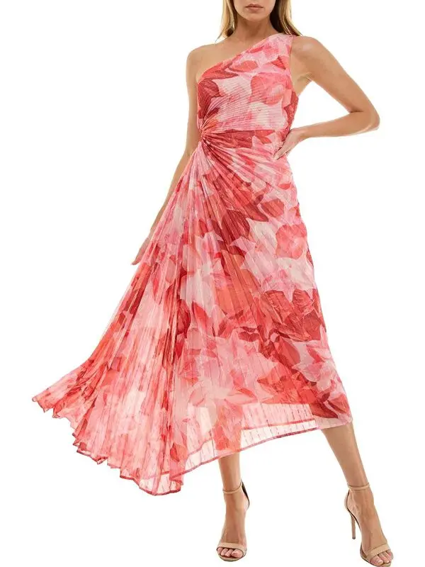 SOCIALITE Floral Metallic Stripe One-shoulder Pleated Dress - Coral/pink