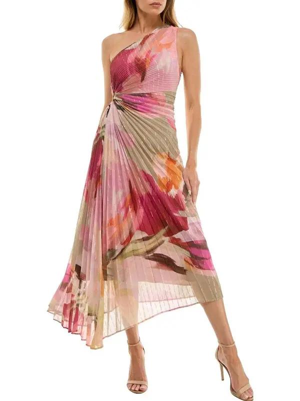 SOCIALITE Floral Metallic Stripe One-shoulder Pleated Dress - Sage/pink