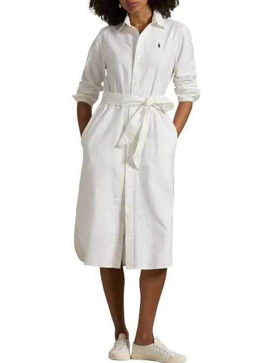 Polo Ralph Lauren Belted Long Sleeve Oxford Shirtdress - White