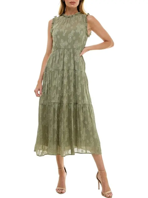 SOCIALITE Floral Jacquard Tiered Sleeveless Dress - Olive