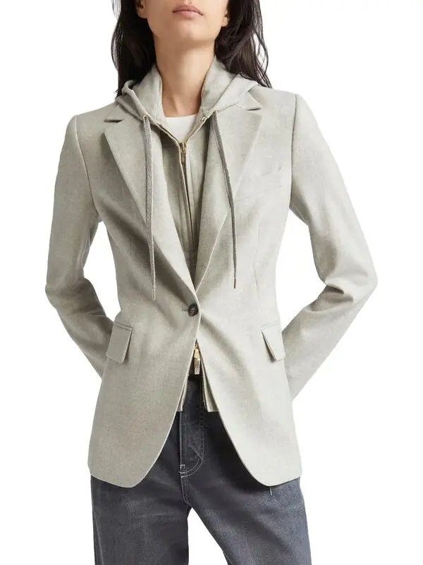 Eleventy Stretch Wool Blazer With Removable Hooded Bib - Light Gray Melange
