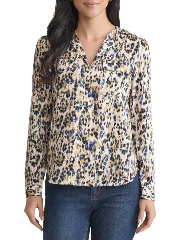 Jones New York Abstract Print Long Sleeve Top - Jones White Multi