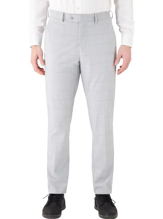 VICTOR EMMANUEL Vince Flat Front Windowpane Check Stretch Dress Pants - Light Grey