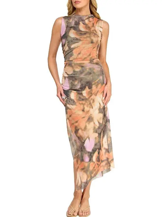 SOCIALITE Floral Shirred Mesh Dress - Brown/rust