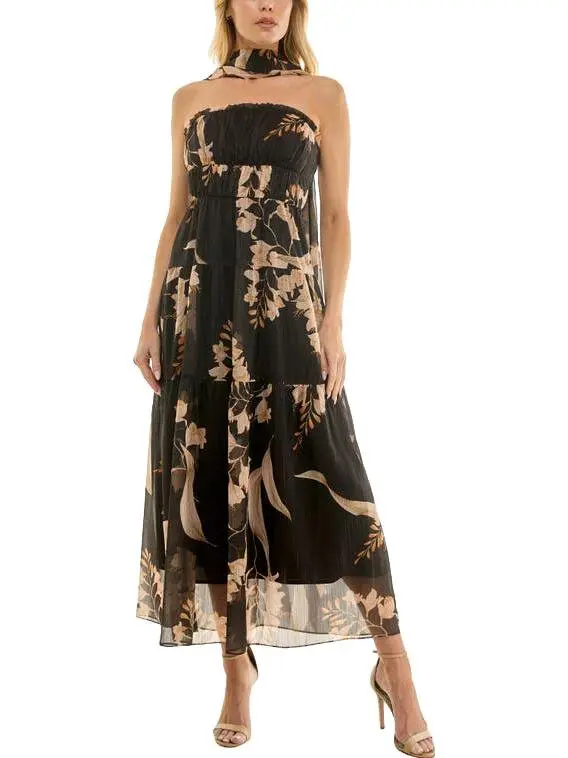 SOCIALITE Floral Strapless Dress With Scarf - Black/tan