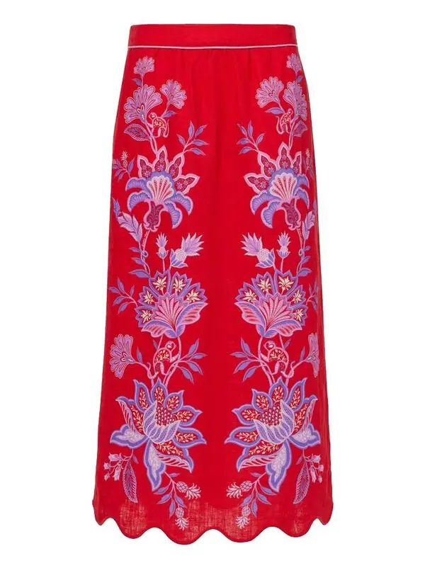 Farm Rio Porcelain Garden Printed Linen Maxi Skirt - Red