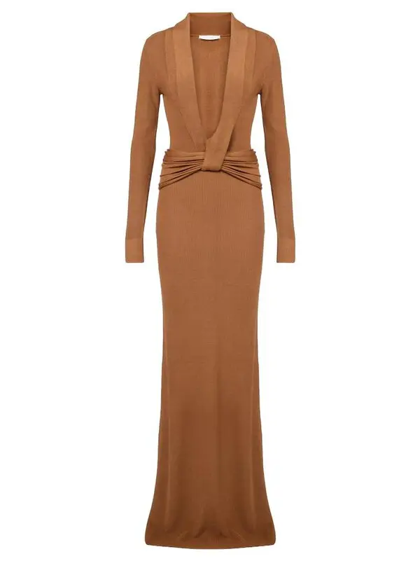 AYA MUSE Aure Gathered Knitted Silk-blend Gown - Brown