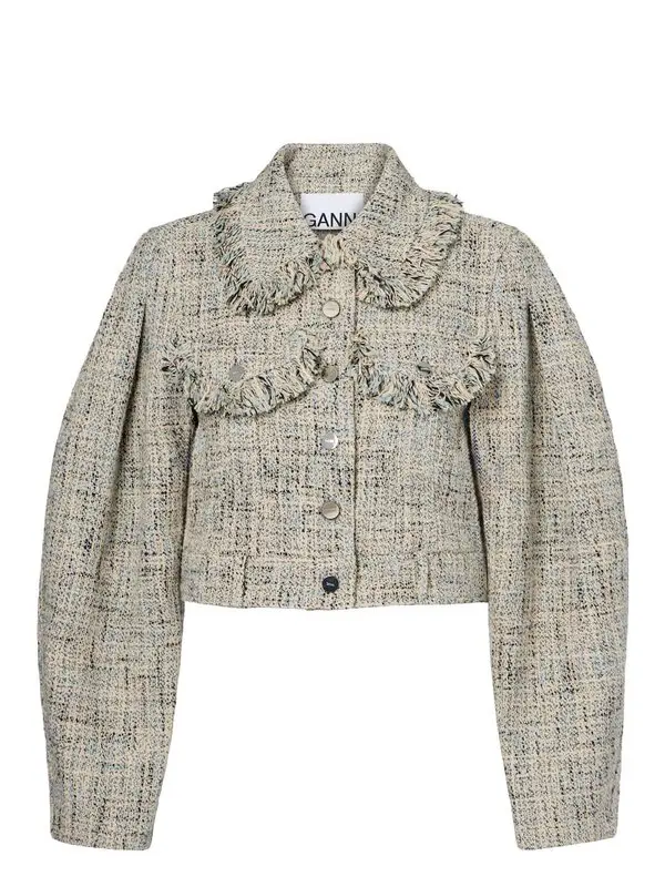 GANNI Cropped Cotton Tweed Jacket - Blue