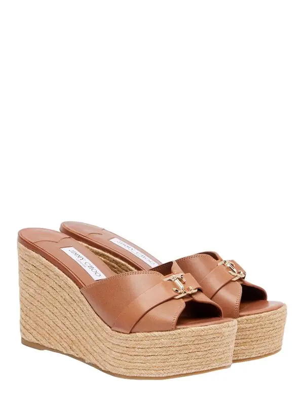 JIMMY CHOO Leda 100 Leather Platform Wedge Sandals - Brown