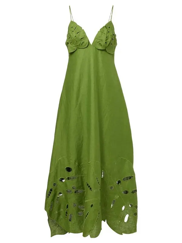 Farm Rio Embroidered Linen Midi Dress - Green