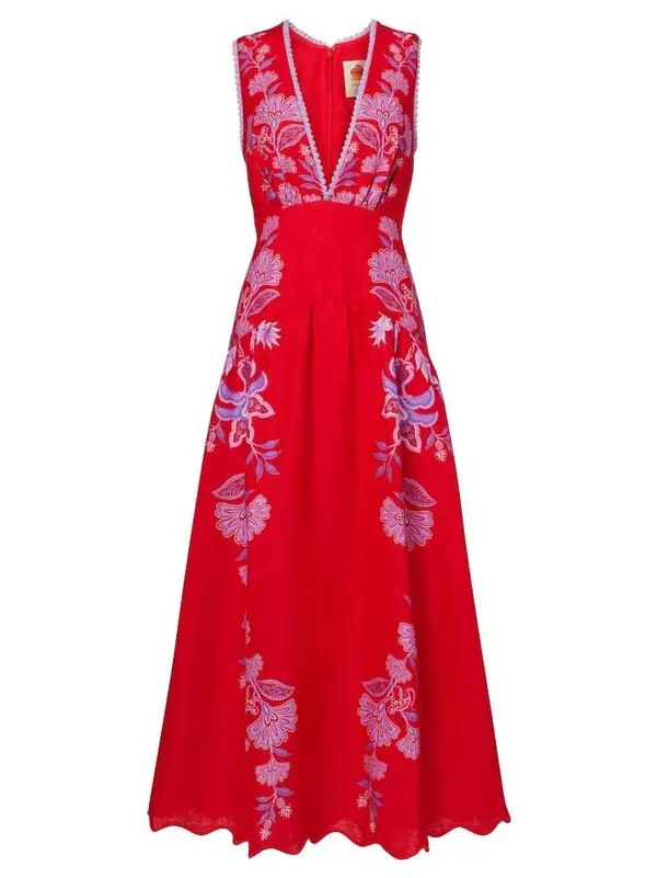 Farm Rio Porcelain Garden Floral Linen Midi Dress - Red