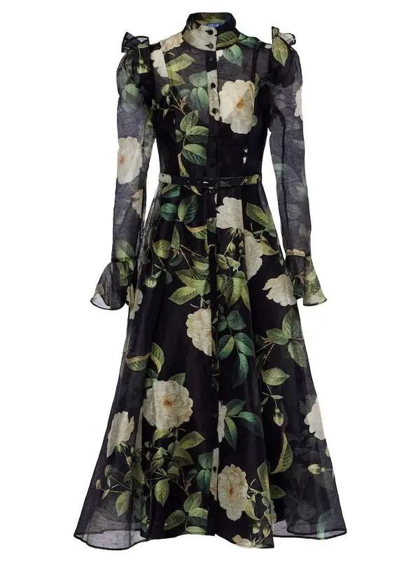 LEO LIN Katrina Floral Linen-blend Midi Dress - Black